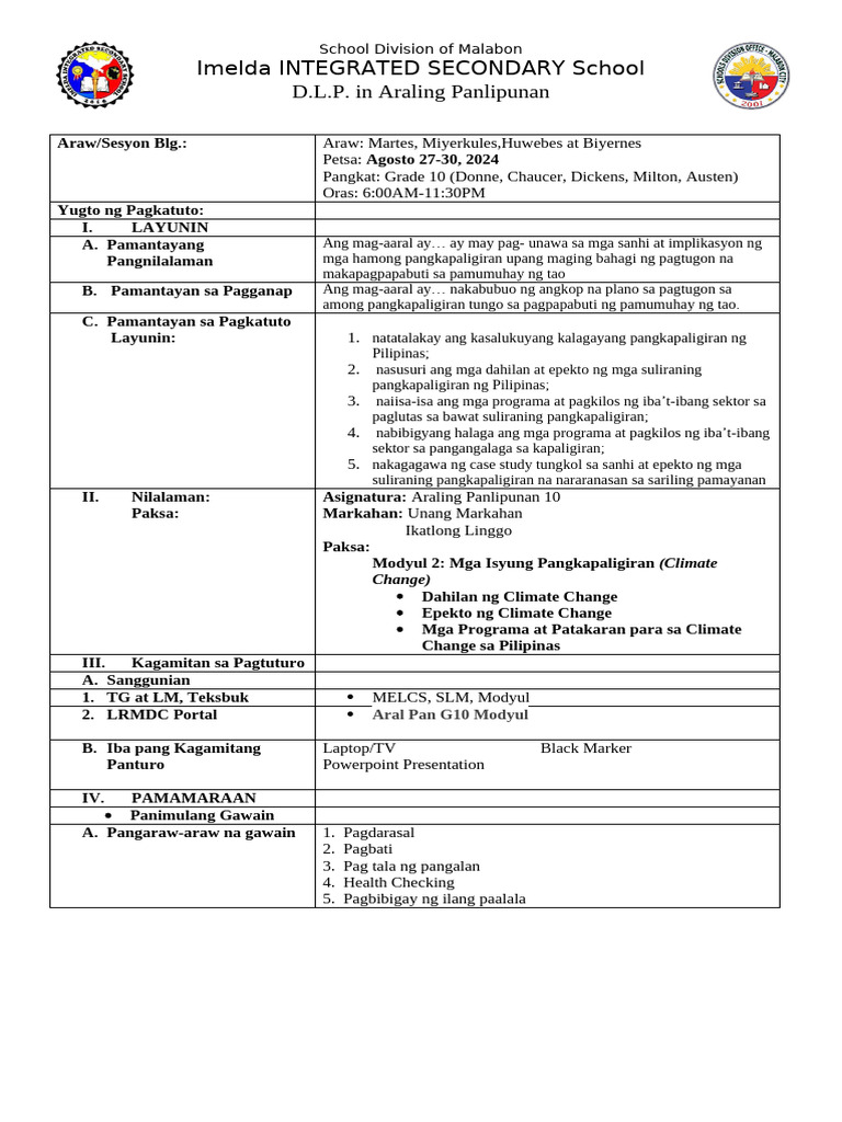 Gr.10 Apan DLP Wk. 3 q1 | PDF | Climate Change | Environment