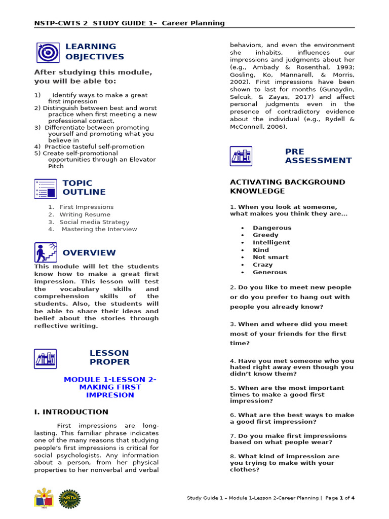 y Guide 1 Module 1 Lesson 2 Career Planning Final Draft | PDF