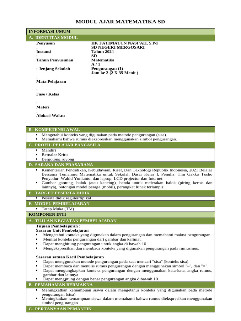 MODUL AJAR MTK OBSERVASI KLS I - Compressed | PDF