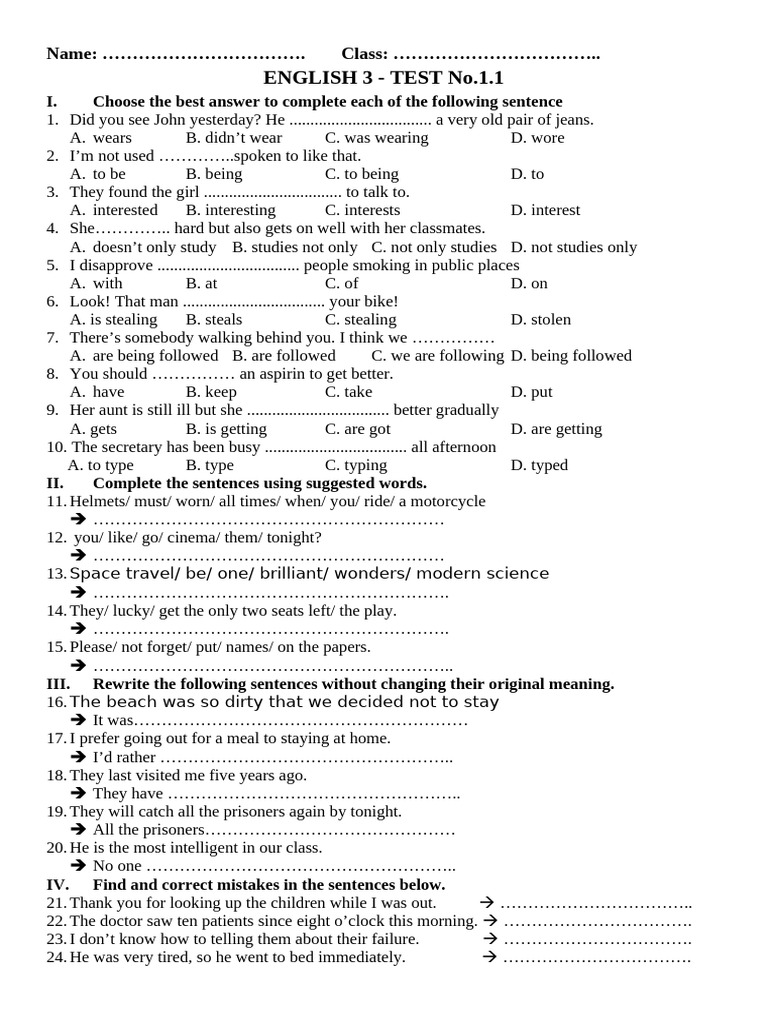 English 3 - Test No.1.1 | PDF