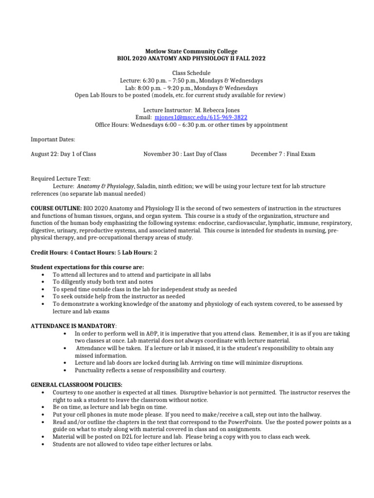 BIO 2020 Jones Lecture Course Outline Spring 2022 | PDF BIO 2020 Jones Lecture Course Outline Spring 2022 | PDF