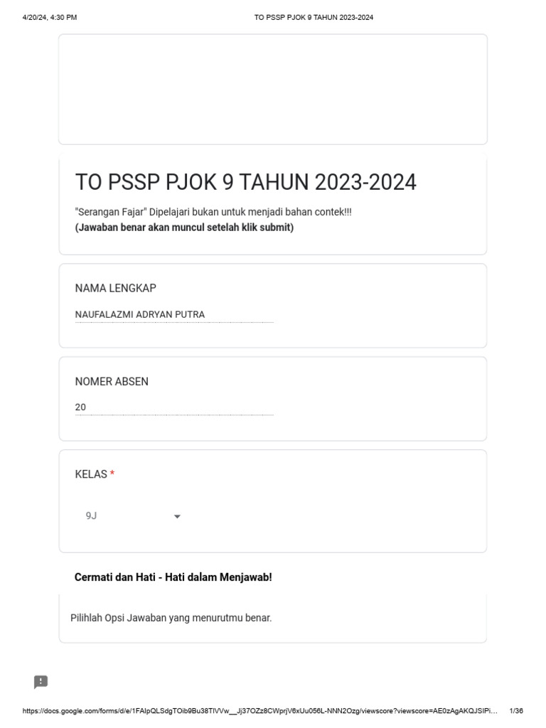 TO PSSP PJOK 9 TAHUN 2023-2024 | PDF