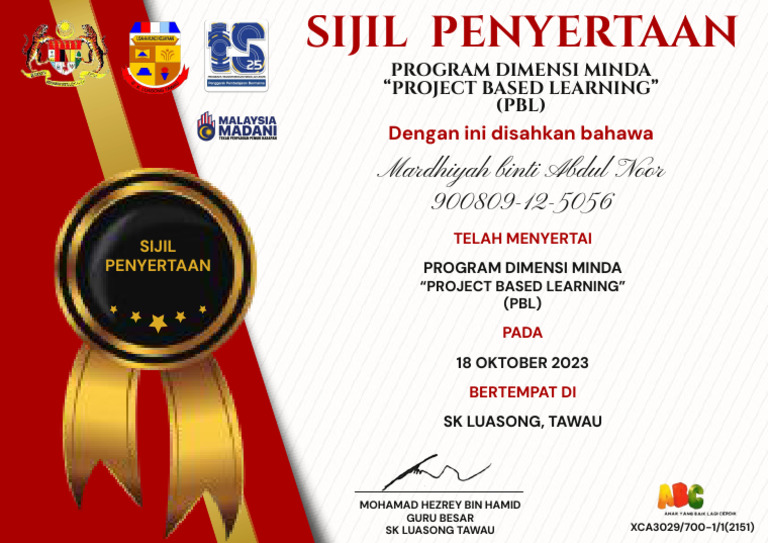 Sijil Program Dimensi Minda PBL SKLT 2023 | PDF