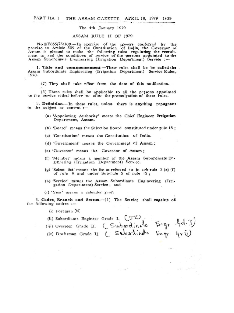 Assam Subordinate Engineering Irrigation Department Service Rules 1978 ...