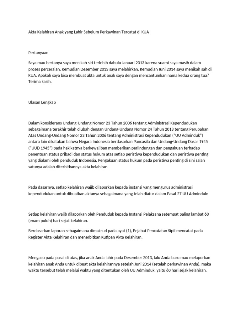 Akta Kelahiran Anak Yang Lahir Sebelum Perkawinan Tercatat Di KUA | PDF