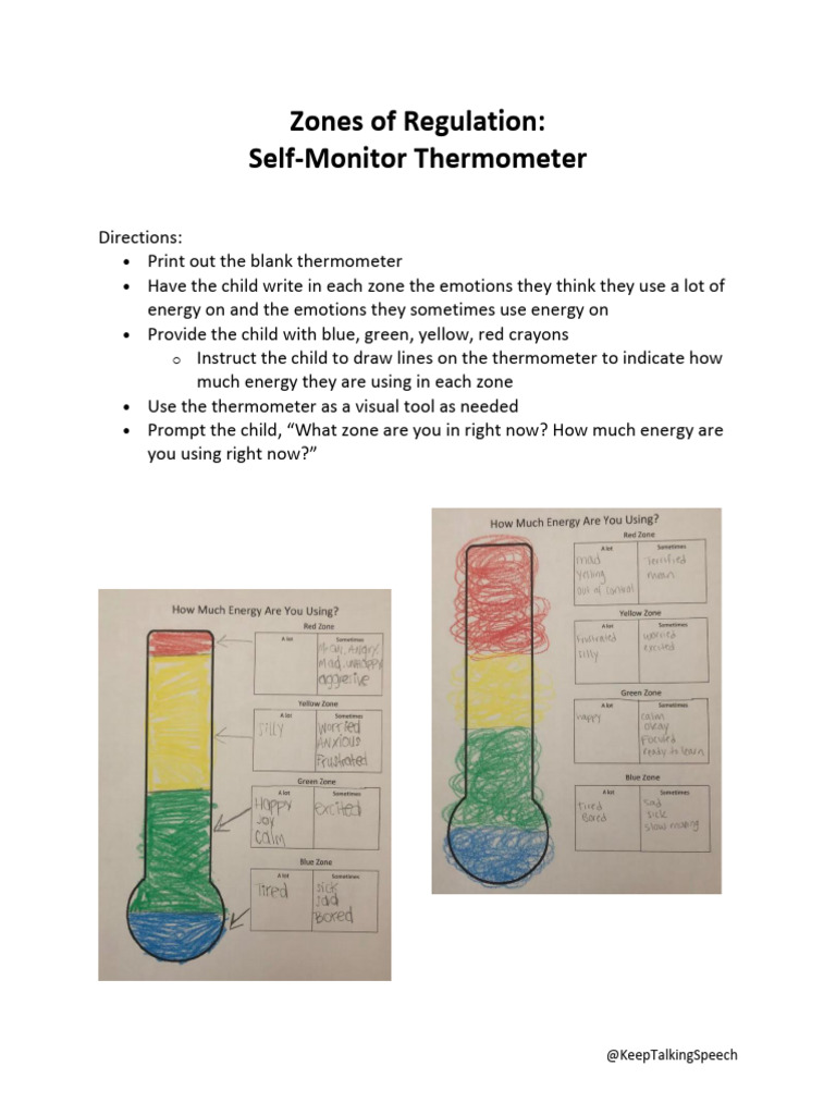 Zones of Regulation: Self-Monitor Thermometer: @keeptalkingspeech | PDF