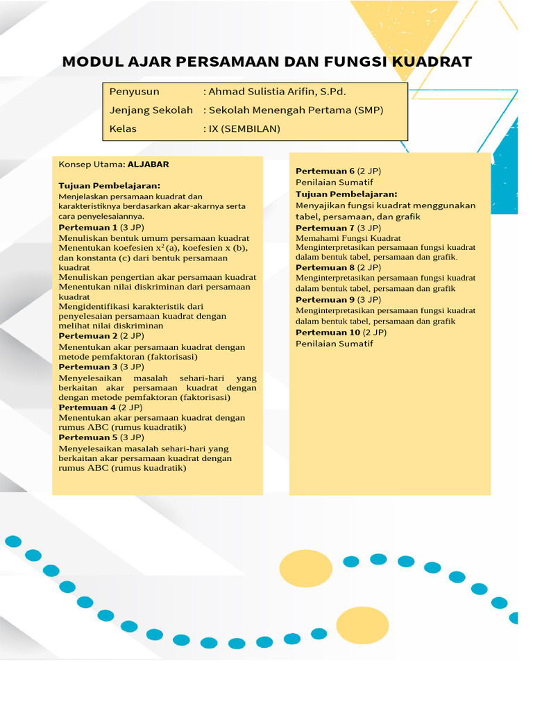 7C) Modul Ajar Persamaan Dan Fungsi Kuadrat | PDF