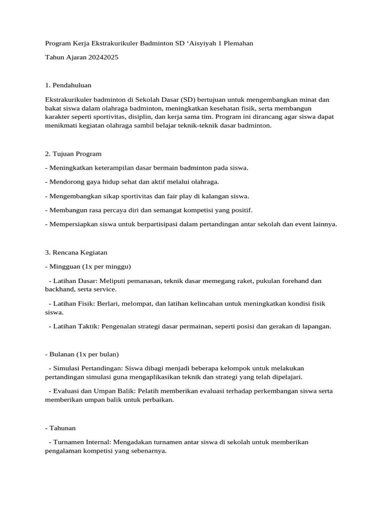 Program Kerja Ekstrakurikuler Badminton Sd Pdf