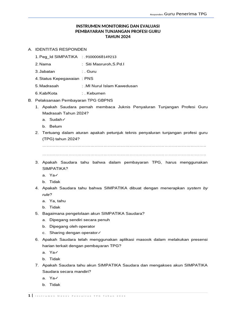 Instrumen Monev TPG 2024 - Guru | PDF
