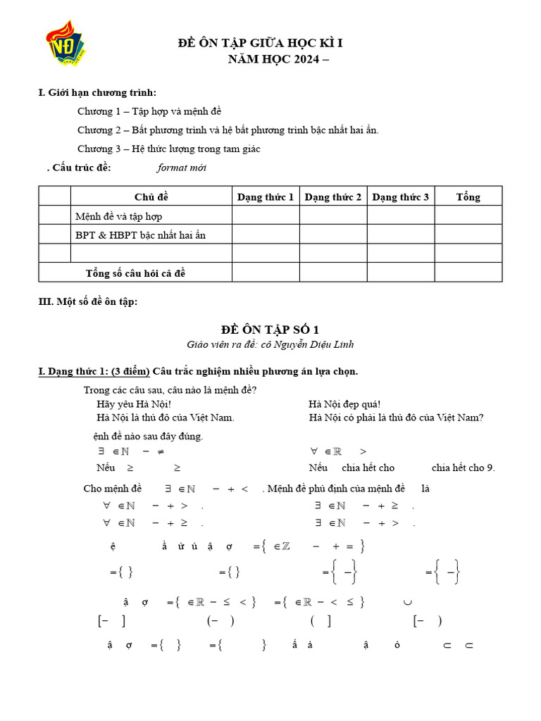 De On Tap Giua Hoc Ki 1 Toan 10 Nam 2024 2025 Truong THPT Viet Duc Ha Noi | PDF