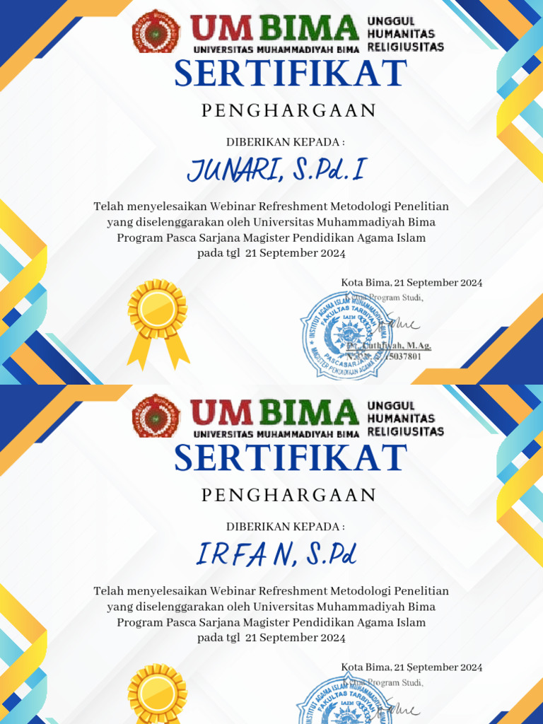 Sertifikat Refreshment Metodologi Penelitian Mpai Um Bima | PDF
