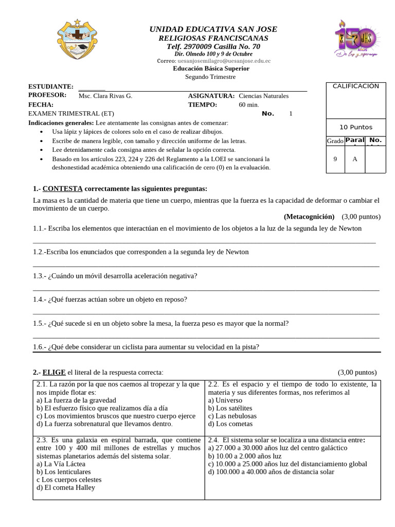 Evaluacion Trimestral Noveno | PDF