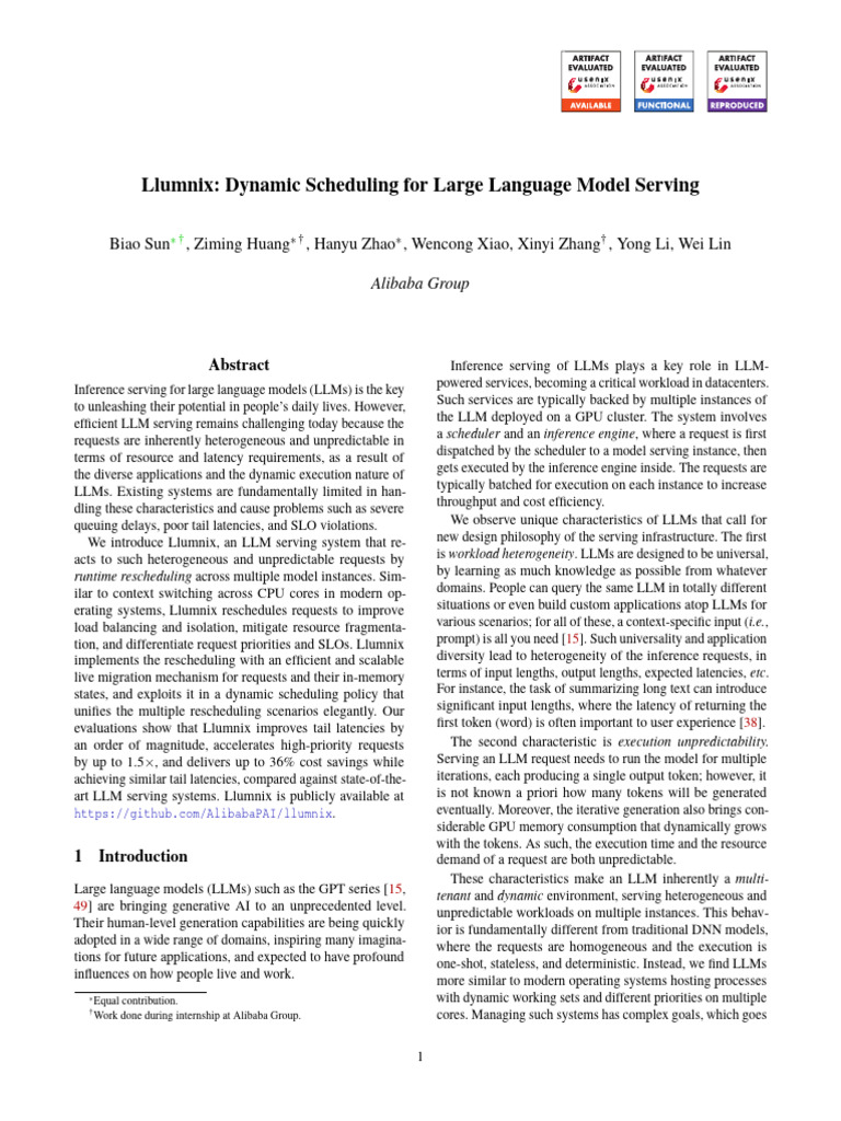 Llumnix: Dynamic Scheduling For Large Language Model Serving | PDF