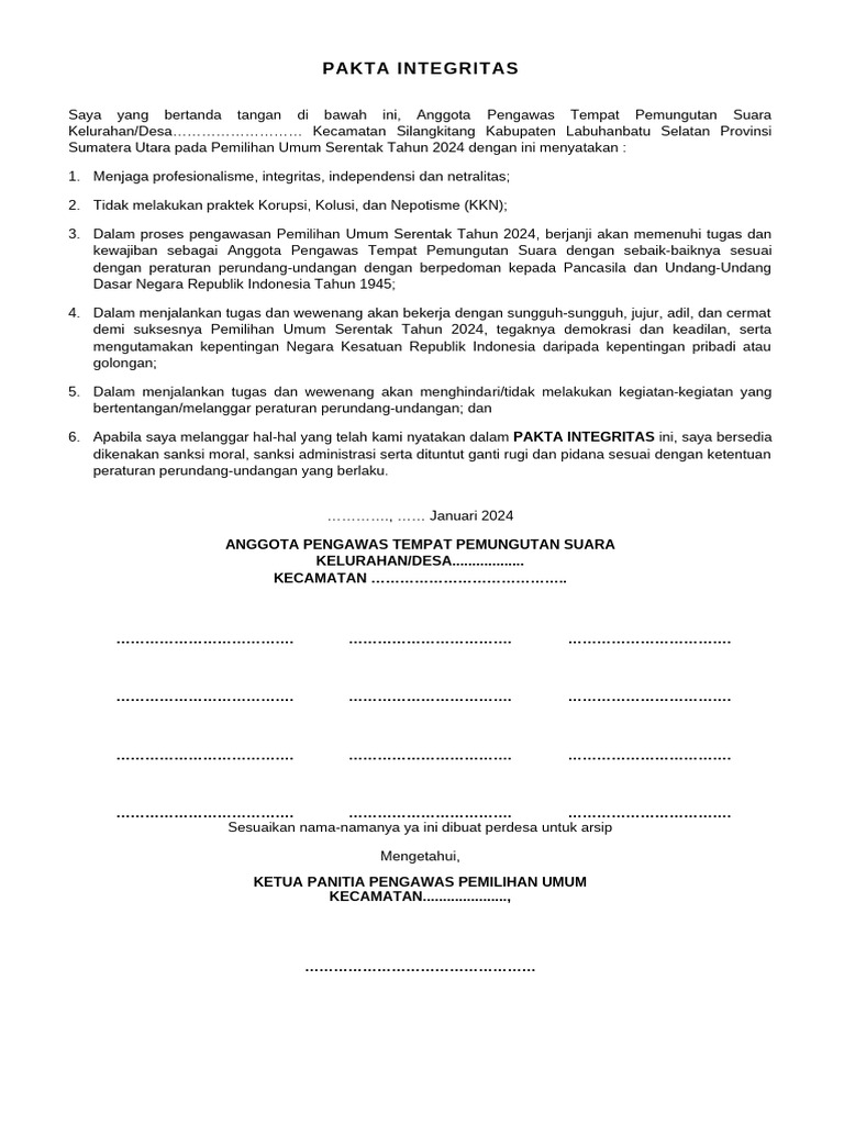 PAKTA INTEGRITAS Untuk Di TTD PTPS - Dibuat Per Kel - Desa | PDF