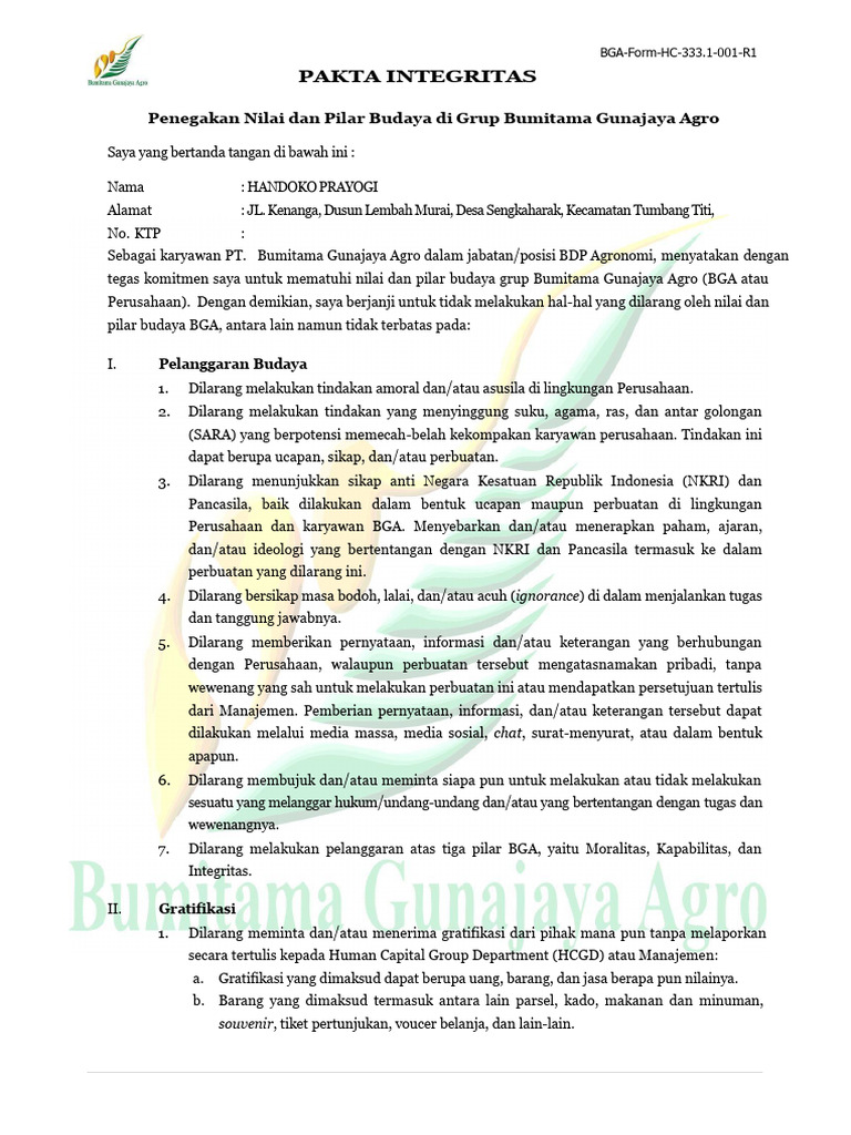 Pakta Integritas BGA (New Format 2024) | PDF