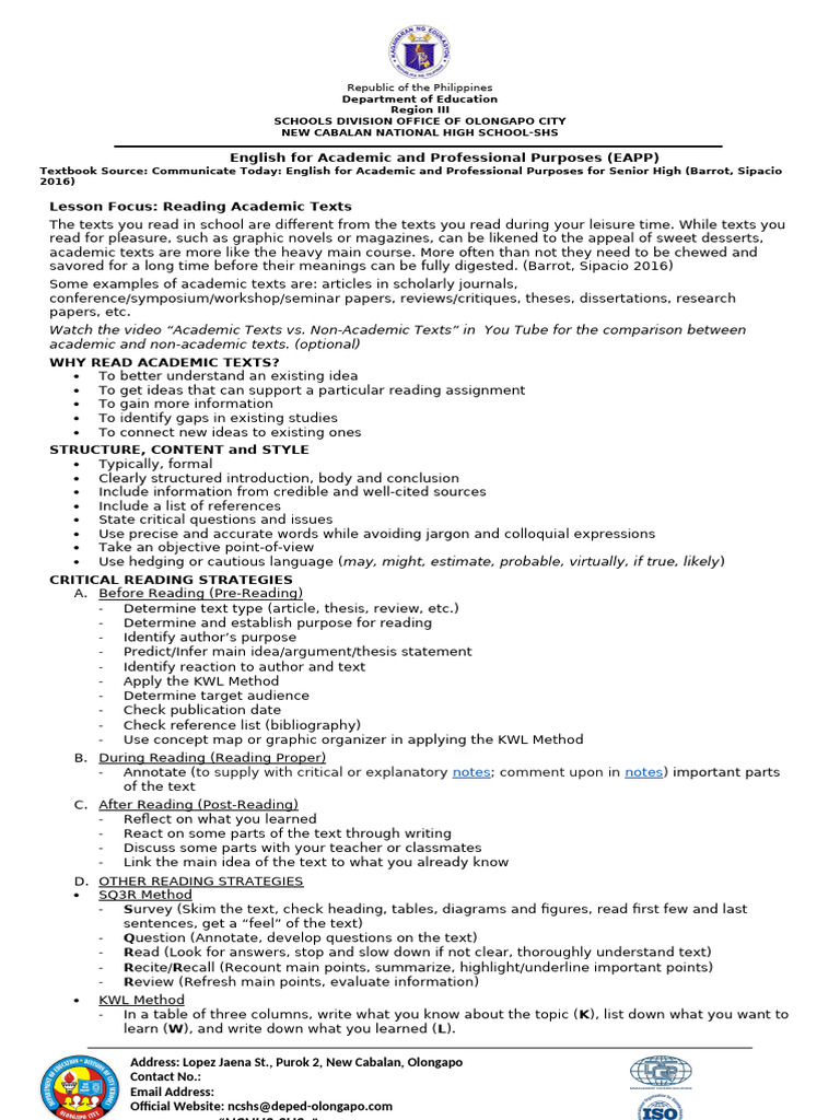 EAPP Learning Sheets (Week 1) | PDF | Human Communication