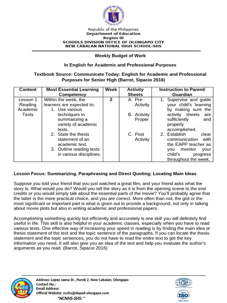 EAPP Learning Sheets (Week 2) | PDF | Learning | Paragraph