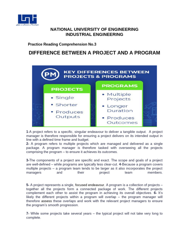Difference Between A Project and A Program: National University of ...
