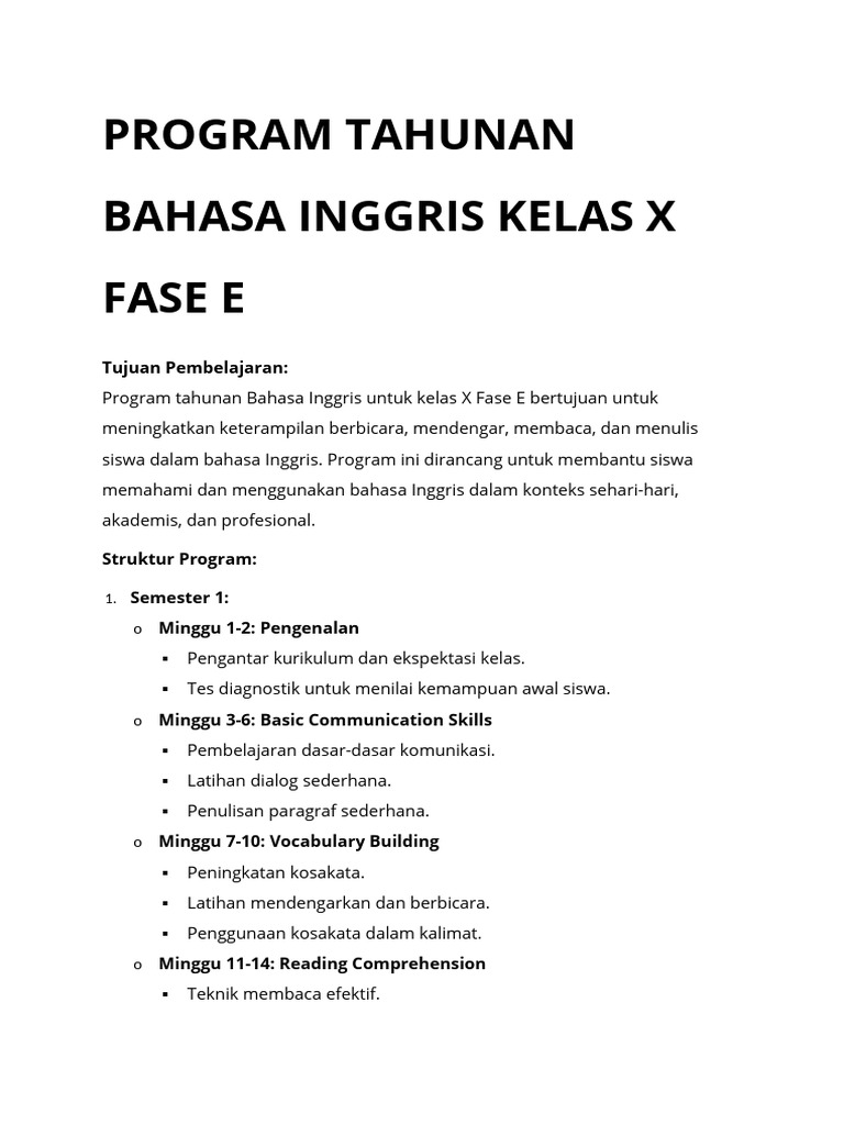 Program Tahunan Bahasa Inggris Kelas X Fase e | PDF