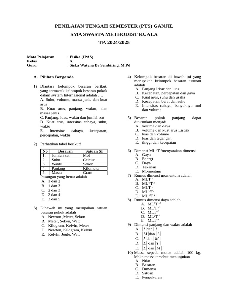 PTS Ganjil Fisika X | PDF