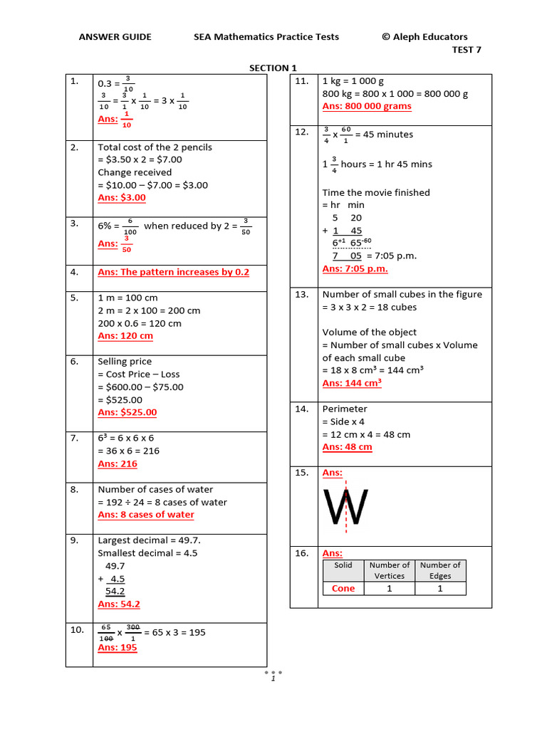 Aleph Educators 2021 Mathematics Answer Guide Tests 7 To 12 | PDF