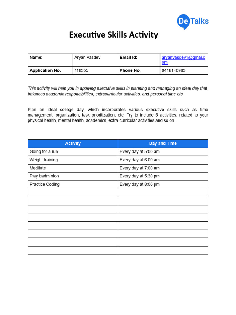 Executive skills activity | PDF