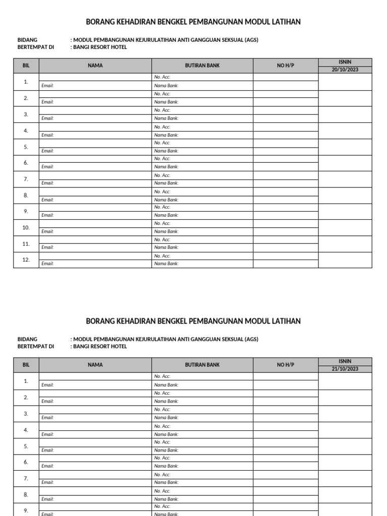Attendance Form Bengkel Tot Ags & Ags | PDF