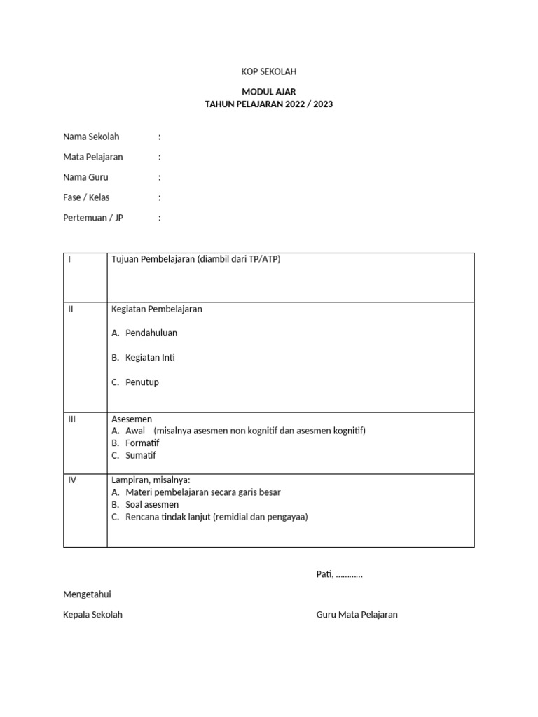 Contoh Format Modul Ajar Yang Sederhana | PDF