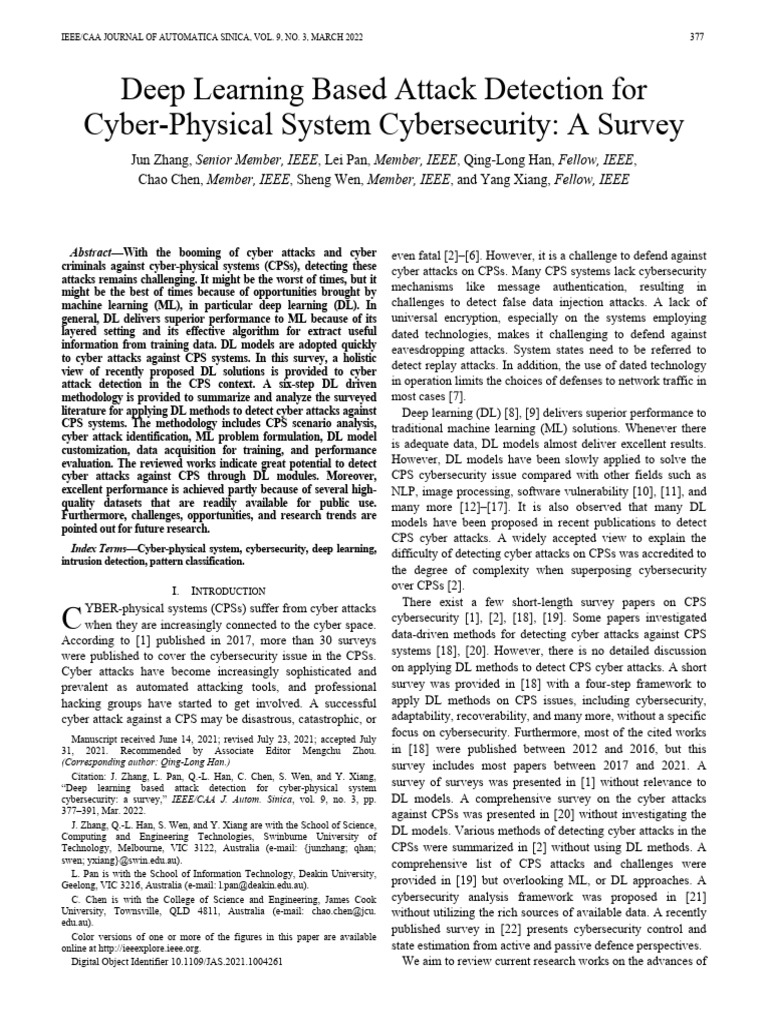 Deep Learning Based Attack Detection for Cyber-Physical System Cybersecurity a Survey | PDF