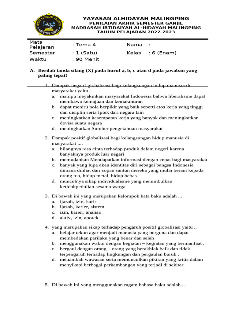 SOAL TEMA 4 KELAS 6 | PDF