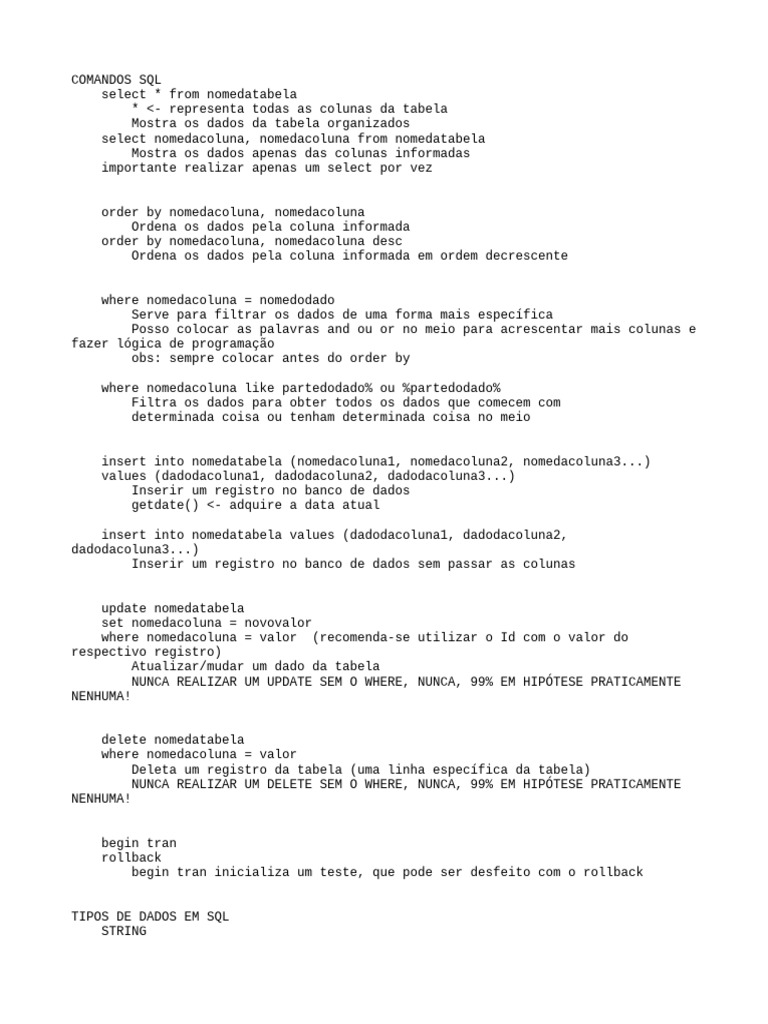 SQL server comandos | PDF