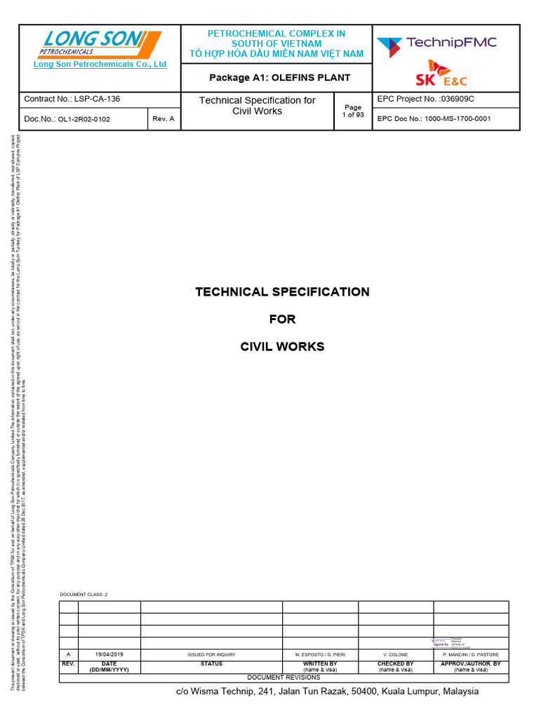 1000-MS-1700-0001 Technical Specification For Civil Work | PDF