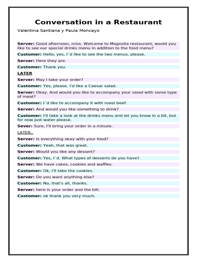Restaurant Conversation Example | PDF