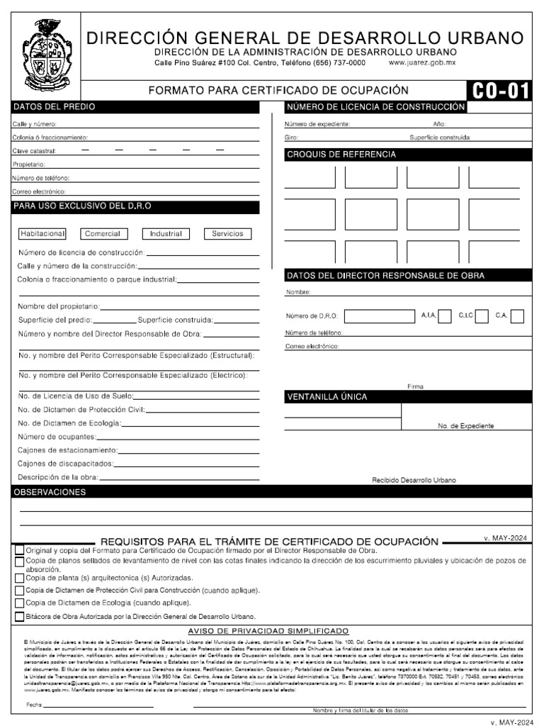 Formato Ventanilla Certificado de Ocupacion | PDF | Privacidad