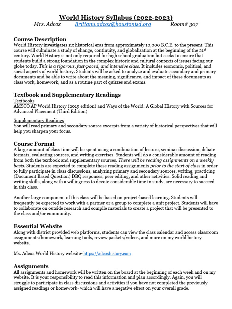 Magnet World History Syllabus 2022 2023 | PDF