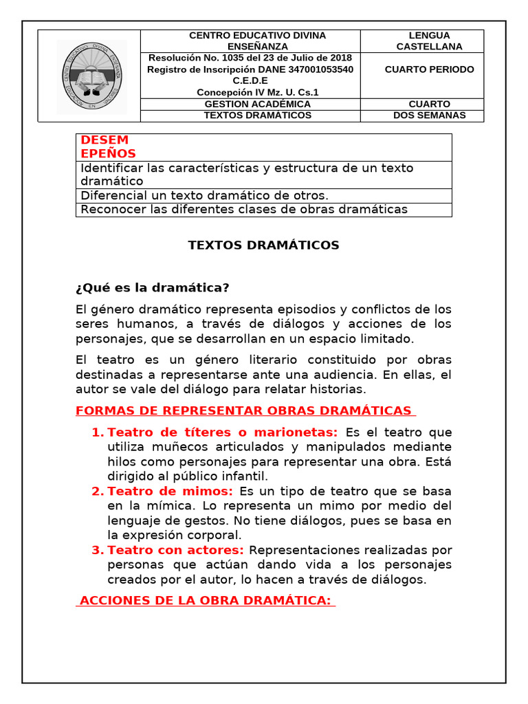 Textos Dramáticos Grado Cuarto | PDF