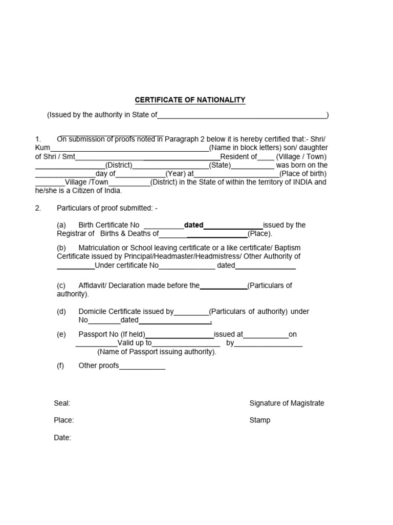 Nationality Certificate Afmc | PDF