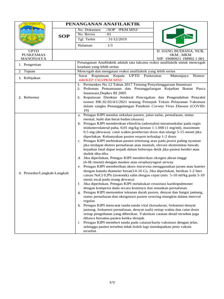 Sop Penanganan Anafilaktik | PDF