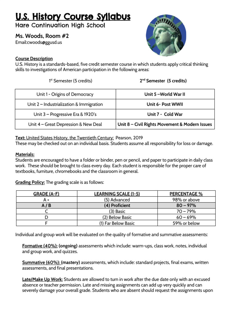 Syllabus Us History Woods | PDF | Teachers | Behavior Modification