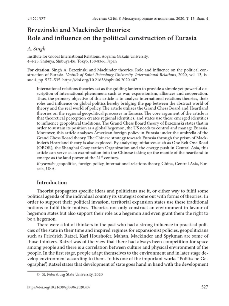 Brzezinski and Mackinder Theories: Role and Influence On The Political ...