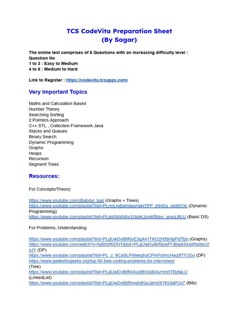 TCS CodeVita Preparation Sheet | PDF