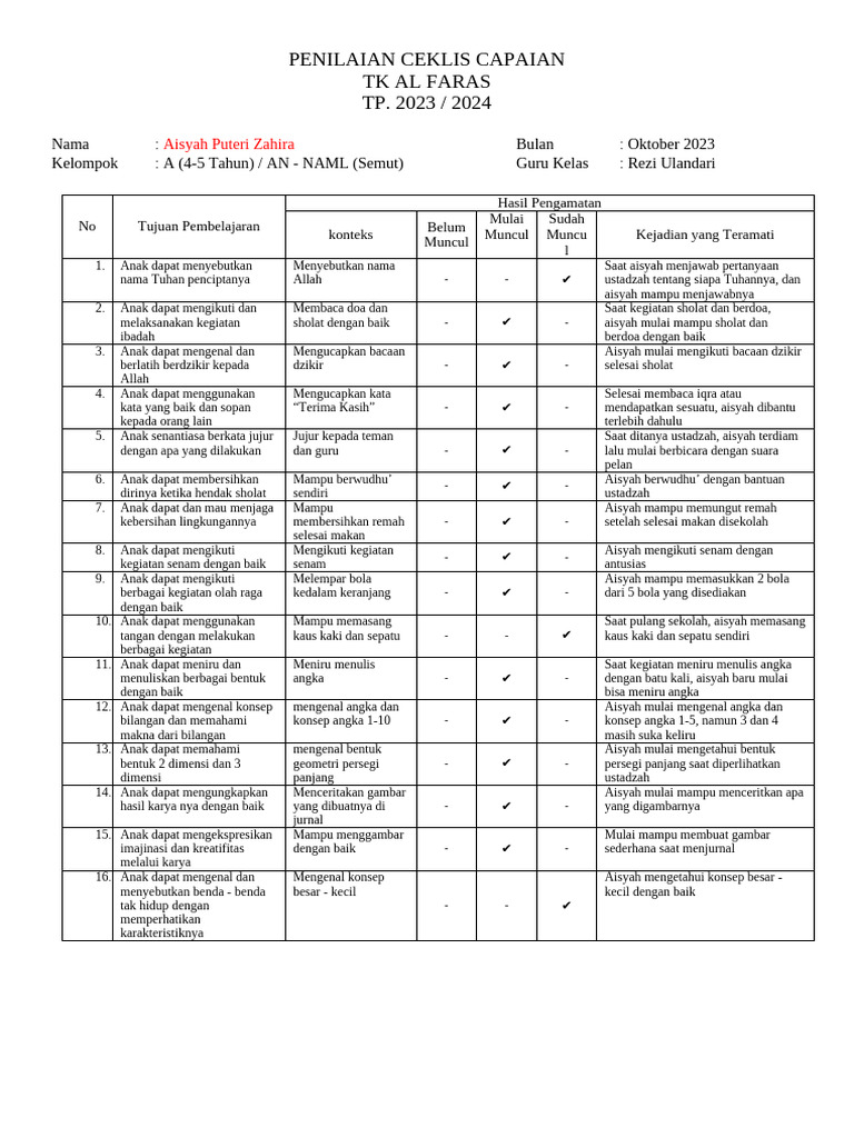 PENILAIAN CEKLIS Aisyah (Sudah) | PDF