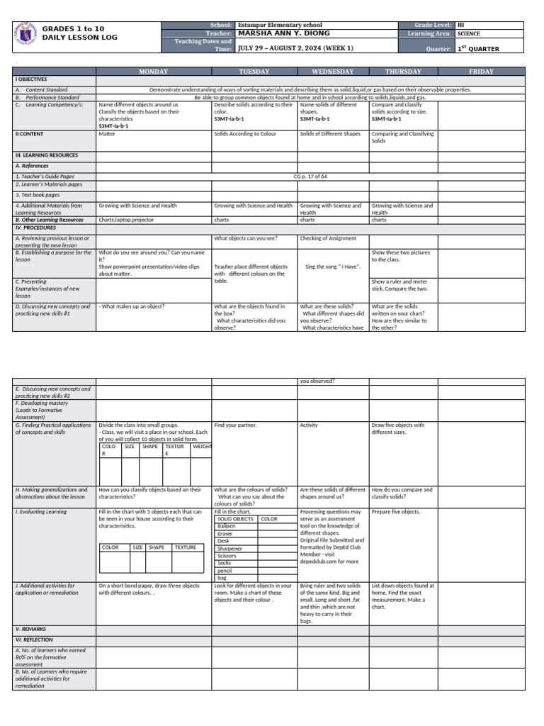 DLL - Science 3 - Q1 - W1 | PDF