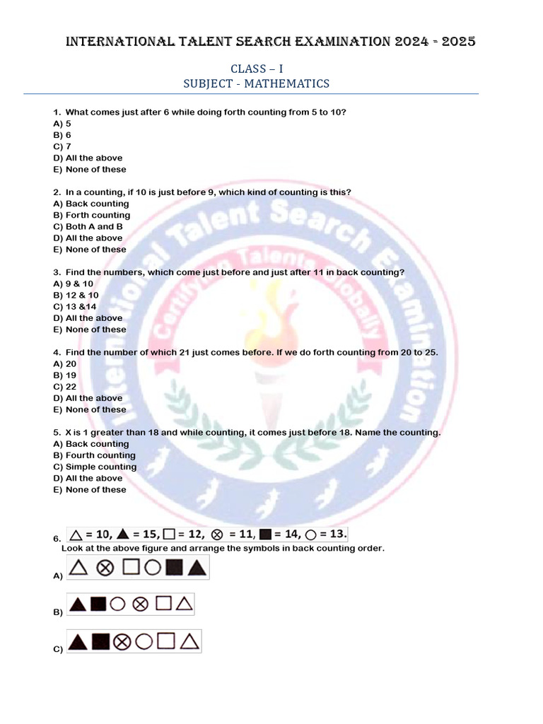 Class I Set 4 Math | PDF