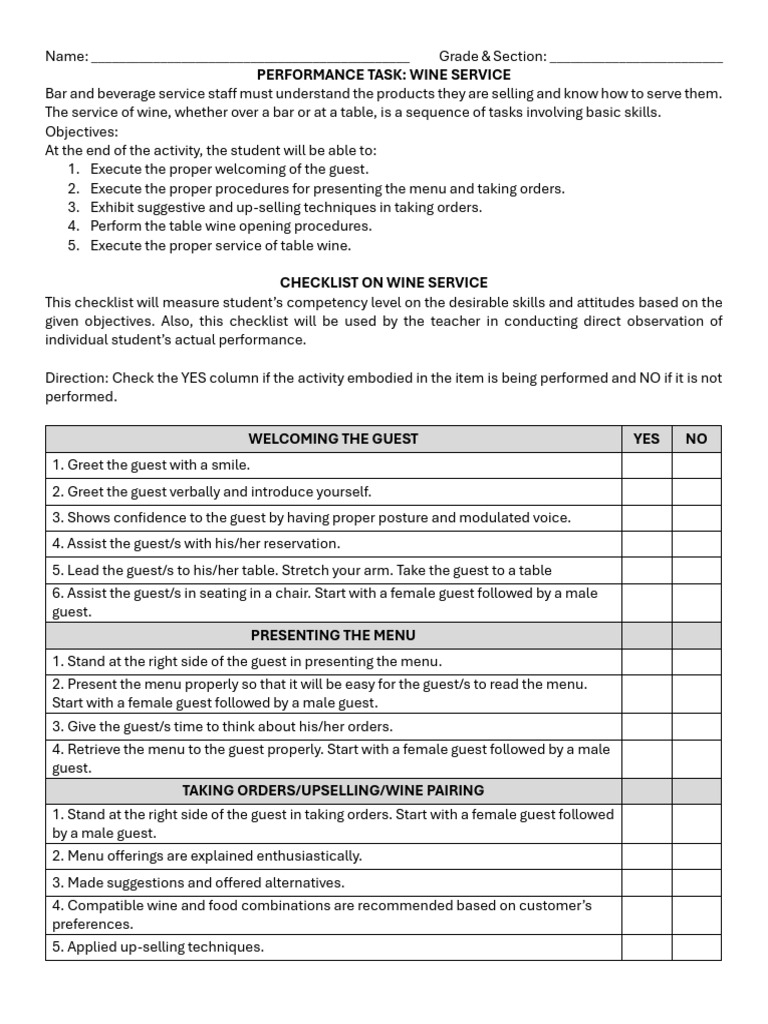 Checklist For Wine Service | PDF