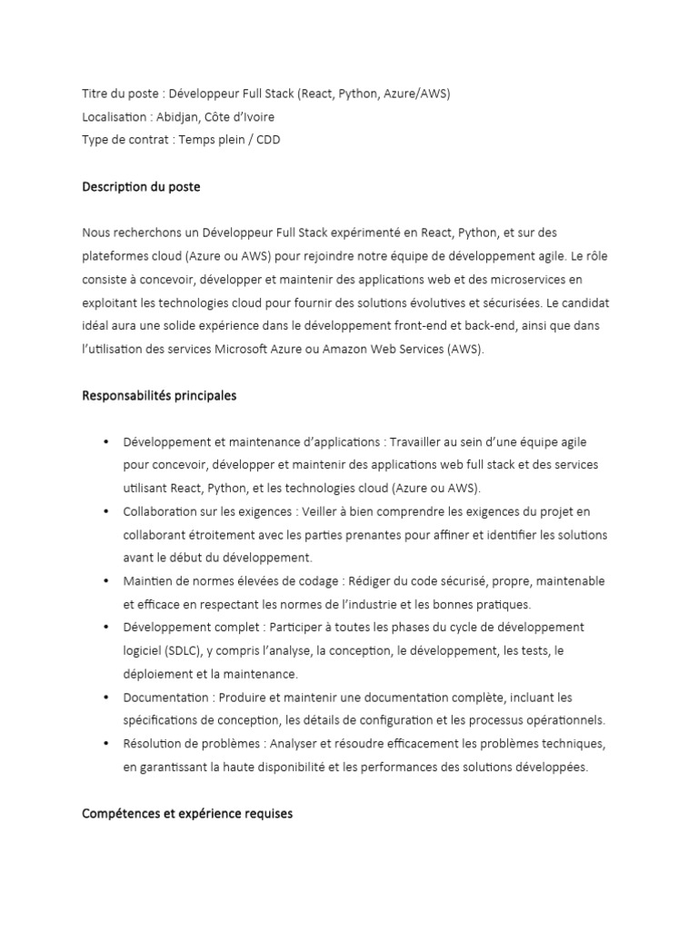 Développeur Full Stack (React, Python, AzureAWS) | PDF