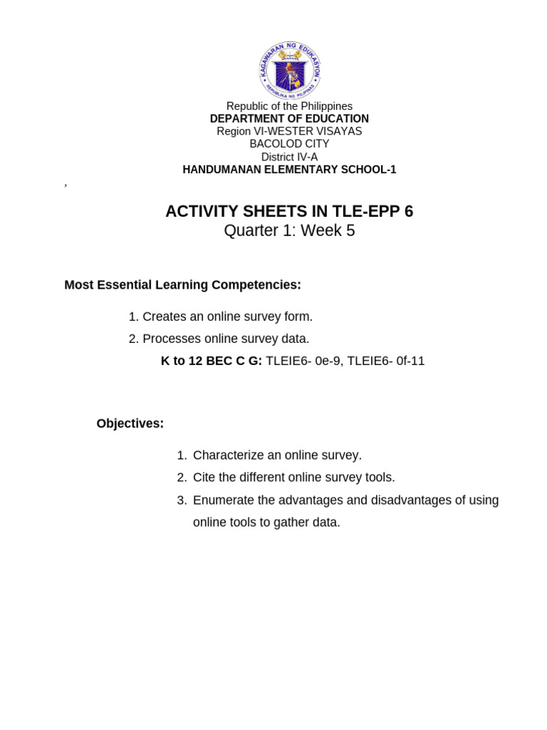 EPP TLE 6 AS Quarter 1 Week 5 ACTIVITY SHEETS PERFORMANCE TASK | PDF | Questionnaire | Survey ...