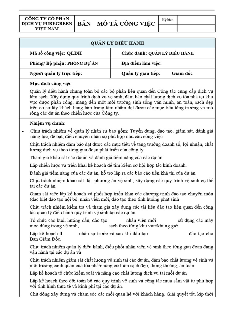 MTCV - QUẢN LÝ ĐIỀU HÀNH PUREGREEN | PDF