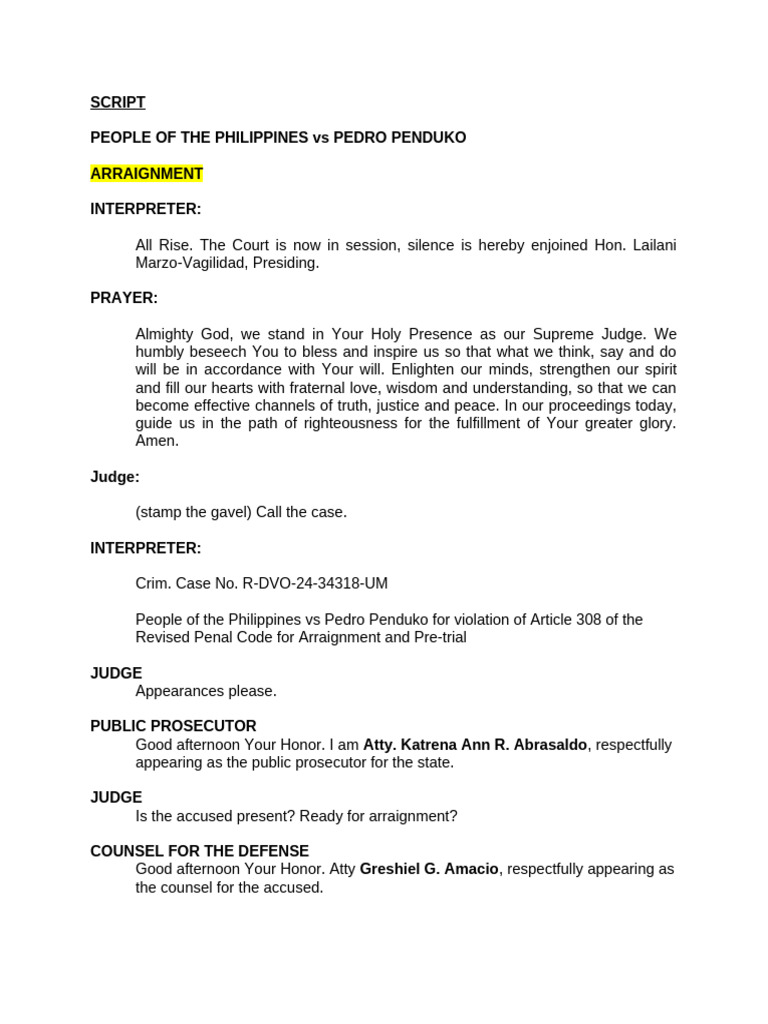 Script-Arraignment and Pretrial | PDF