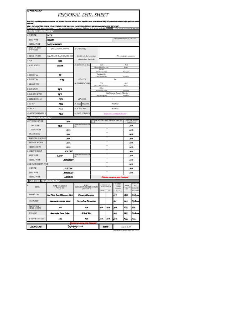 CS Form No. 212 Personal Data Sheet Revised | PDF